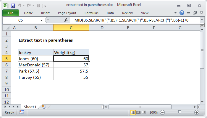 Excel formula: Extract text between parentheses | Exceljet Excel formula: Extract text between parentheses | Exceljet